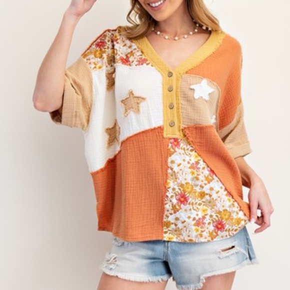 easel | Tops | Easel Floral Print Star Patch Reverse Stitch Color Block ...